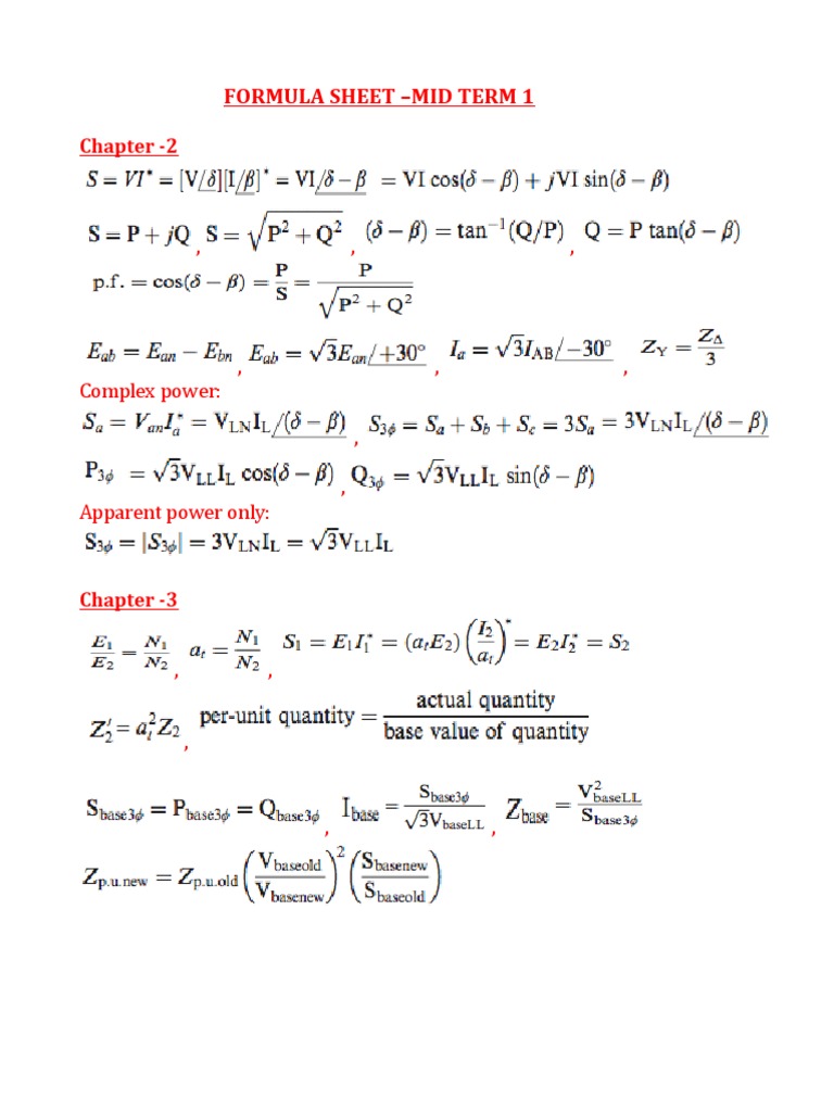 Formula Sheet for Mid-Term Exam | PDF