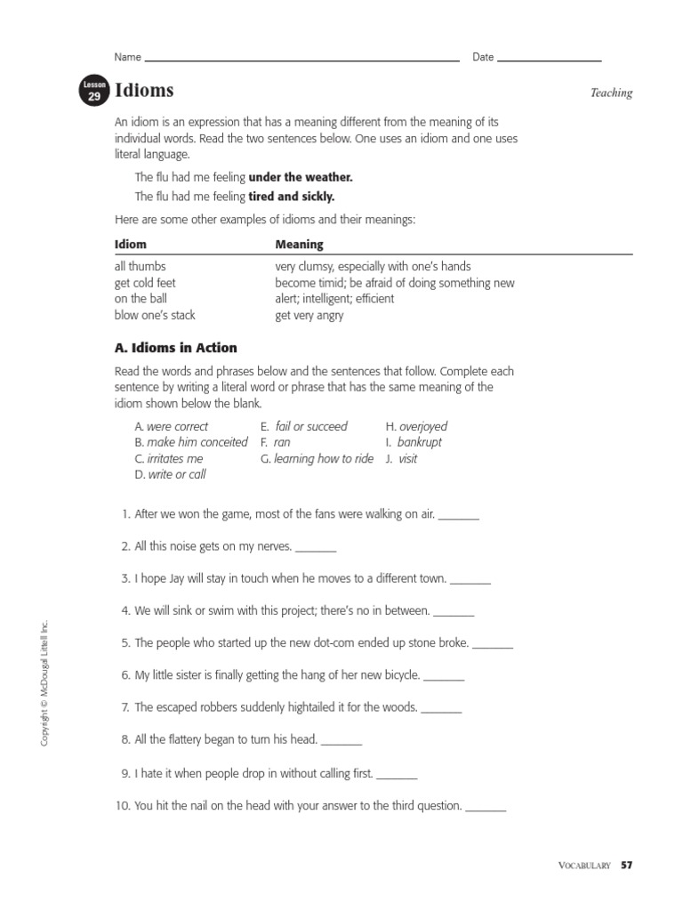 Idiom Exercise Worksheets Idioms 1