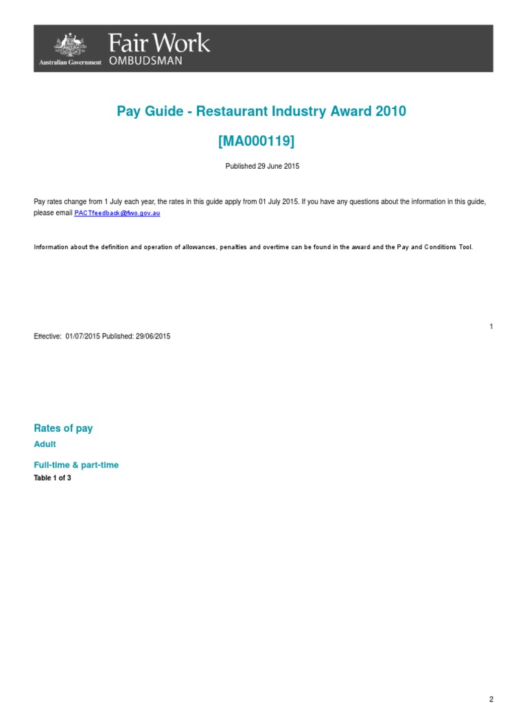 Restaurant Industry Award Pay Guide 2015 | PDF | Overtime | Employment
