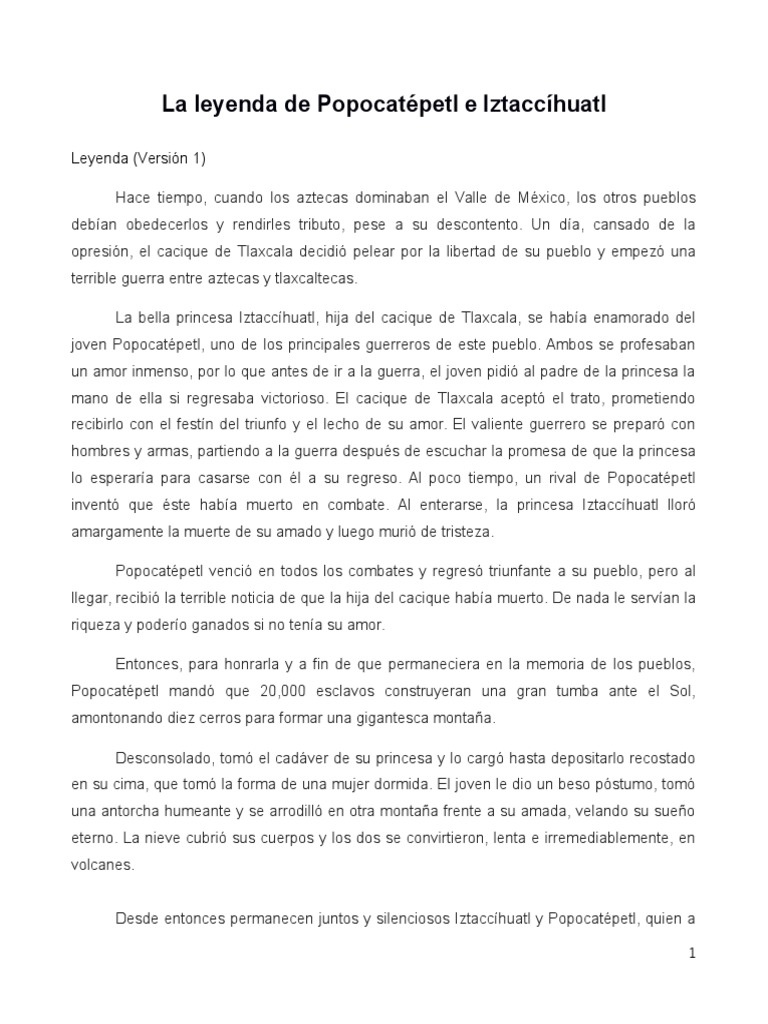 Leyenda de Popocatépetl e Iztaccíhuatl | PDF | Prometeo | Mitología