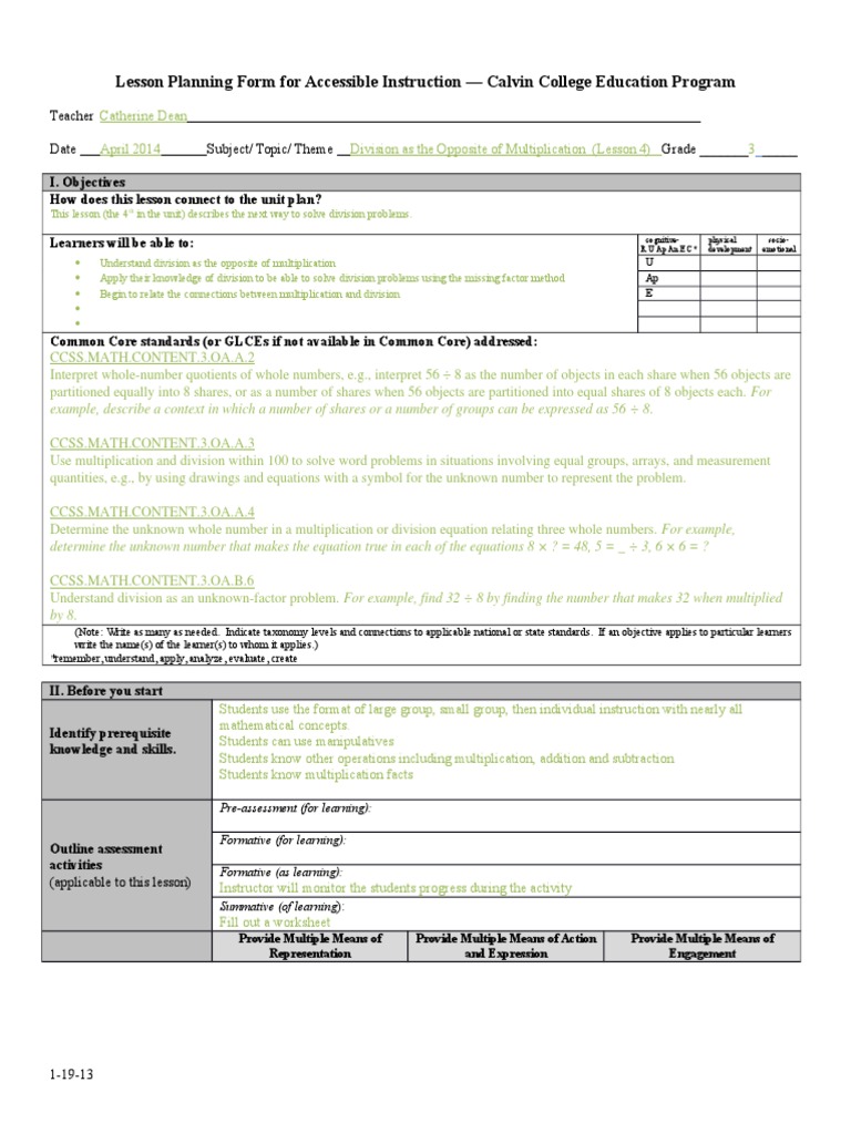 Unit Lesson Plan-Opposite of Multiplication | PDF | Learning ...