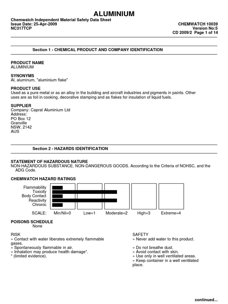Aluminium MSDS | PDF | Explosive Material | Aluminium