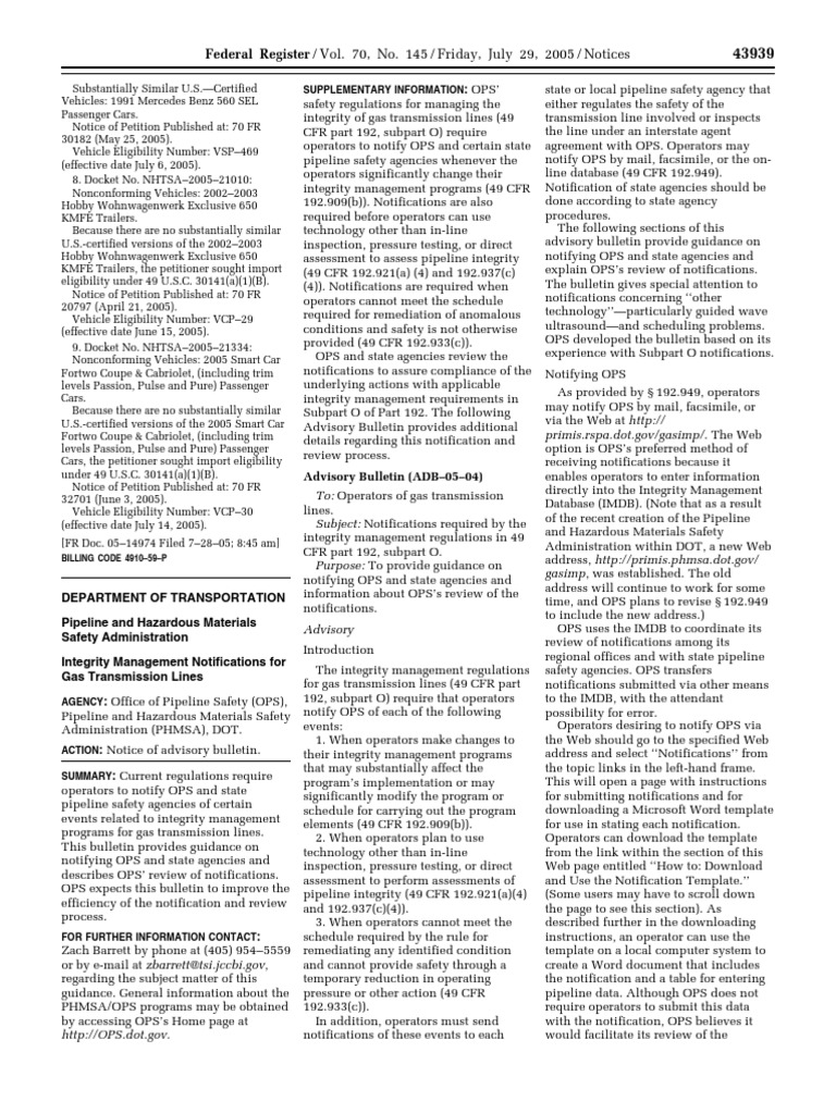 Notice: Pipeline Safety: Advisory Bulletins— Gas Transmission Lines ...