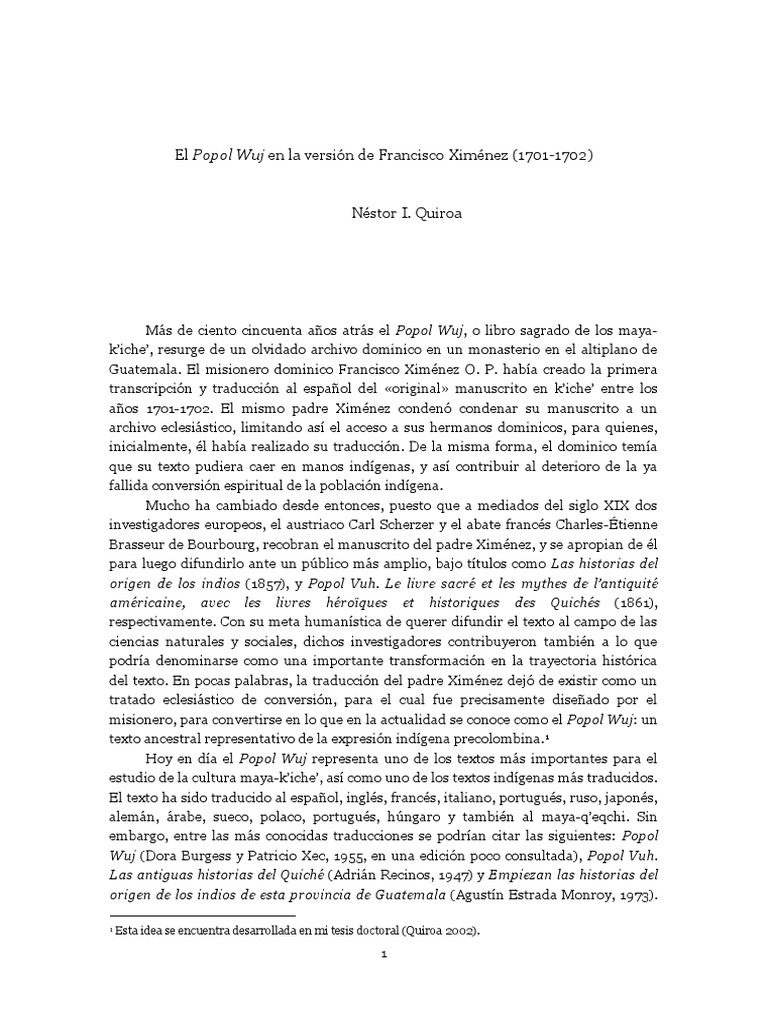El Popol Wuh en La Version de Francisco Ximenez 1701 1702 | PDF ...