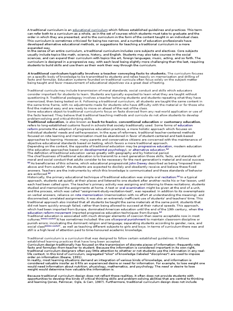 A Traditional Curriculum Typically Involves A Teacher Conveying Facts ...