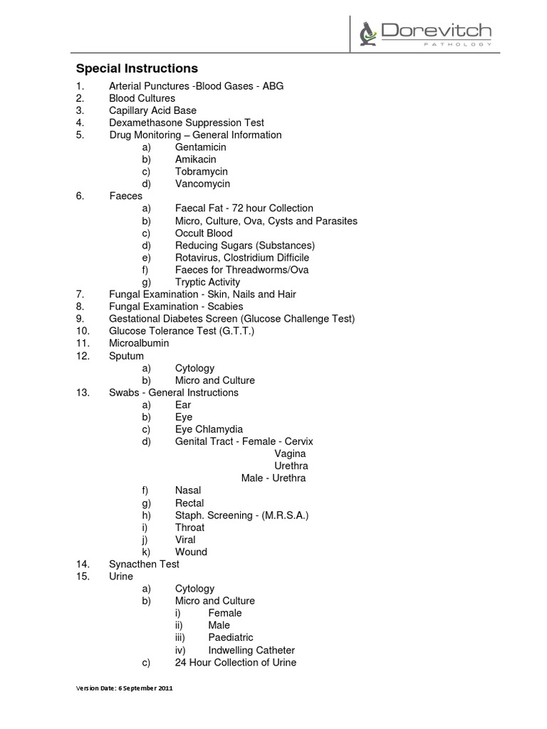 Dorevitch Special - Instructions Specialised Testing | PDF | Clinical ...