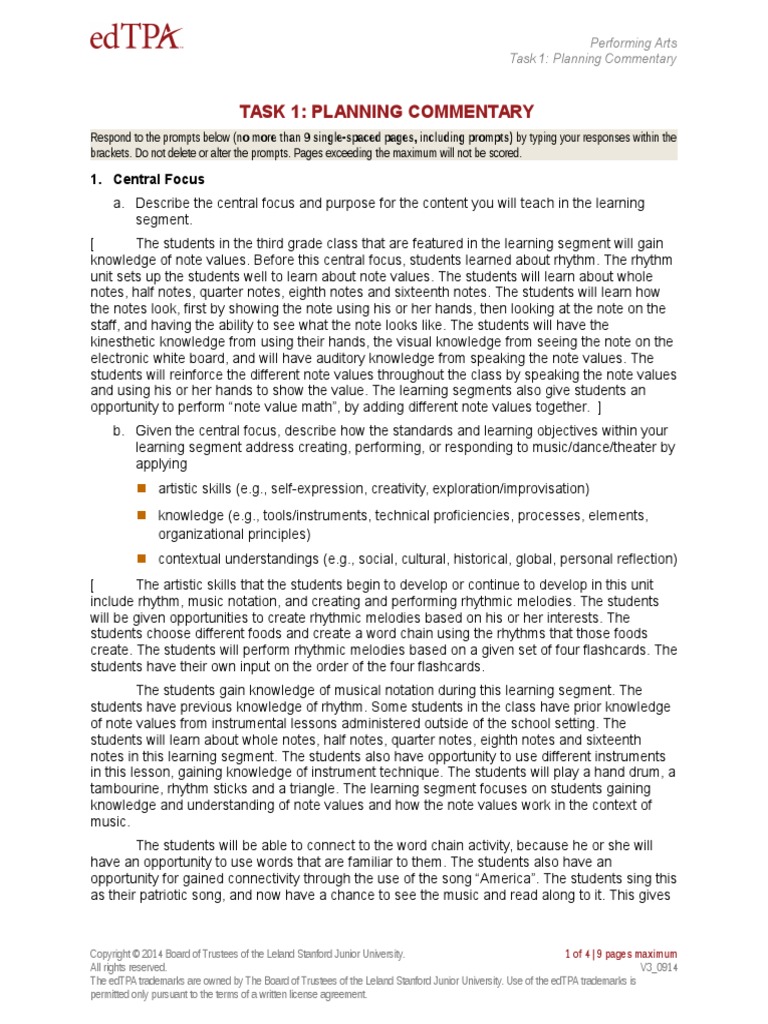 Edtpa Planning Commentary | PDF | Rhythm | Learning