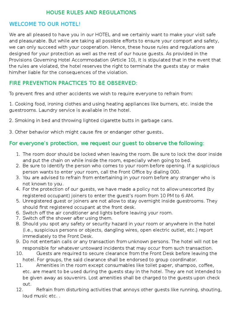 Welcome To Our Hotel!: House Rules and Regulations | PDF | Nature ...