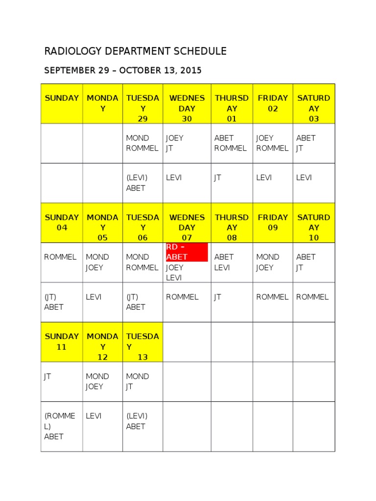 Radiology Dept. Schedule Sep-Oct 2015 | PDF