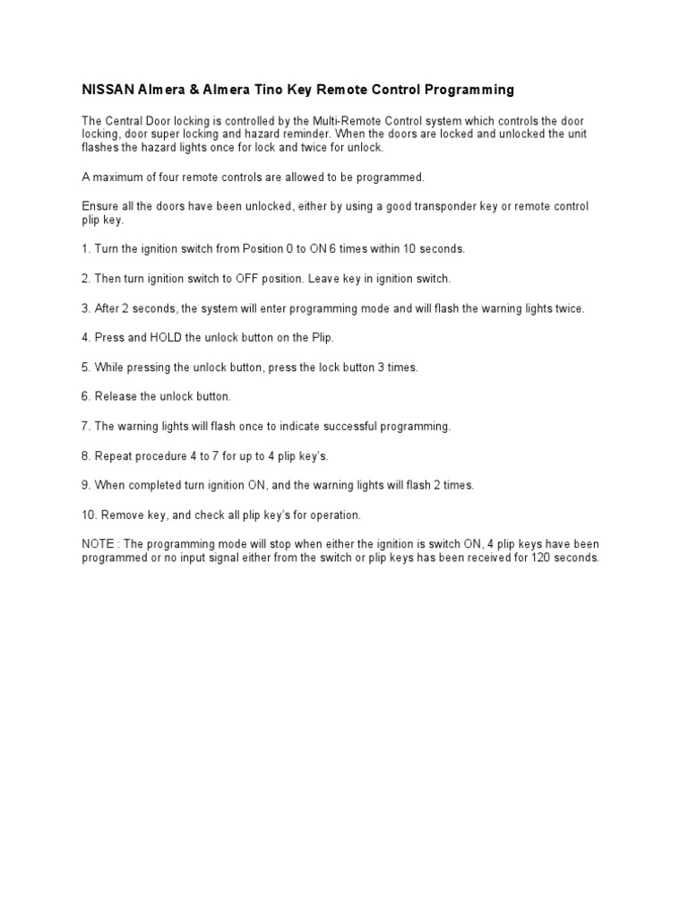 Nissan Almera Remote Programming Guide | PDF