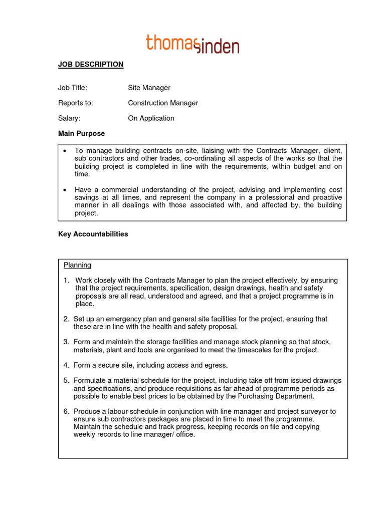 Site Manager Job Description | PDF | Safety | Specification (Technical ...