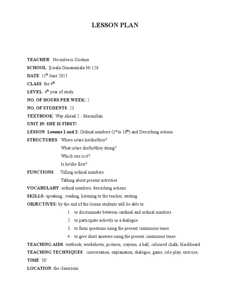 4th Grade Lesson on Ordinal Numbers | PDF | Lesson Plan | Teaching