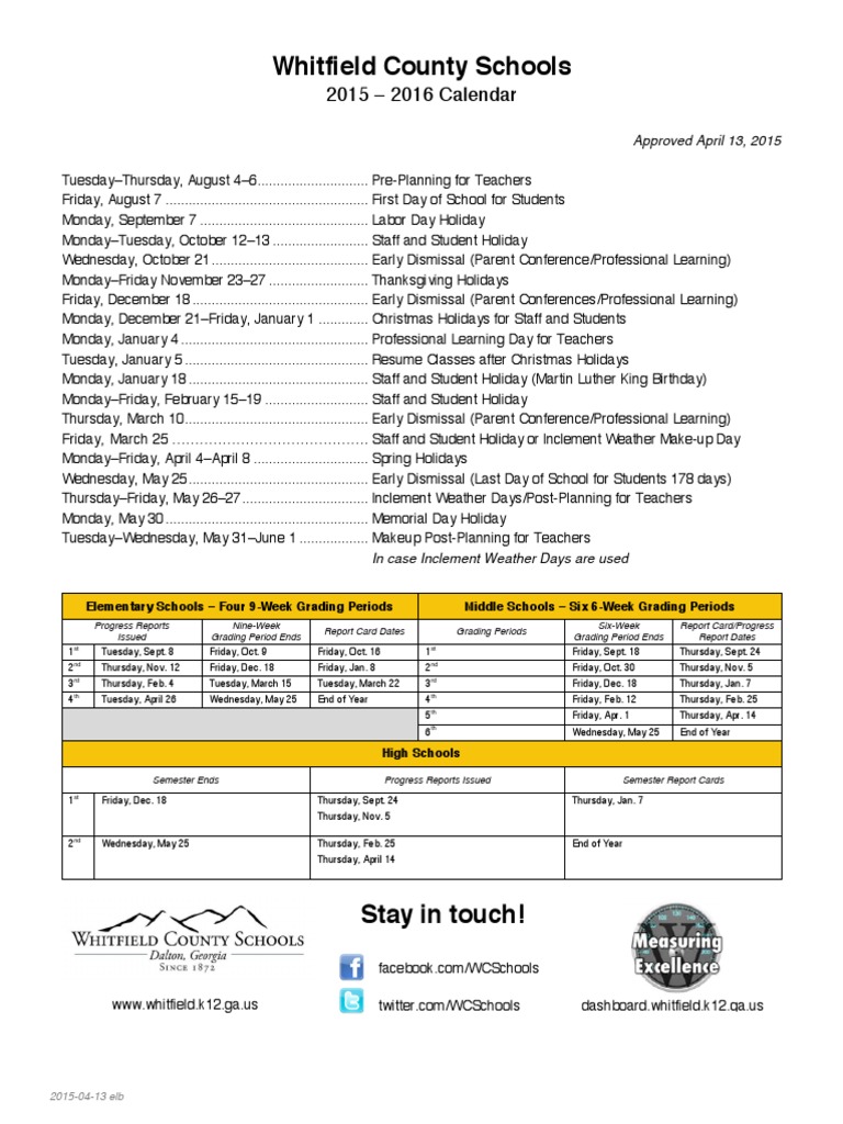 Whitfield County Schools 2015-2016 Calendar | PDF