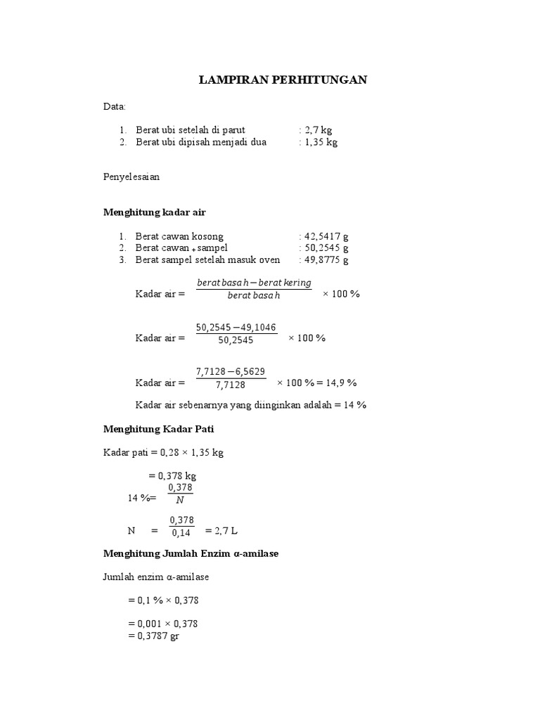 Lampiran Perhitungan: Menghitung Kadar Air | PDF | Science & Mathematics