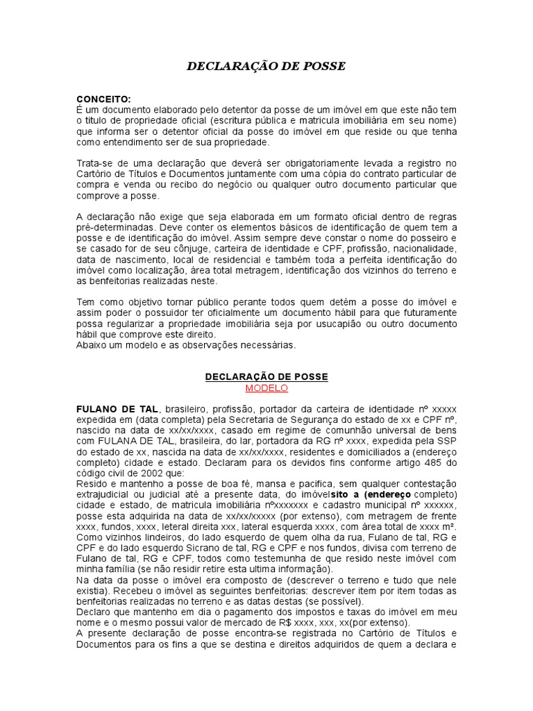 Conceito De Declaração De Posse Pdf Instituições Sociais Ciências