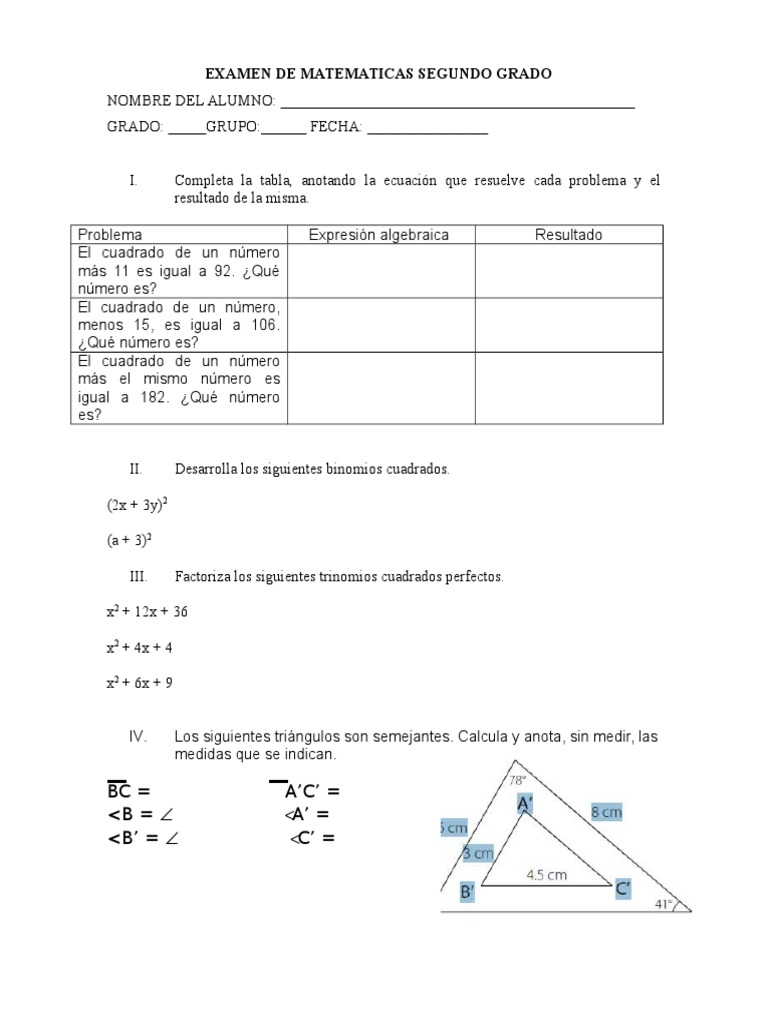 Examen de Matematicas Tercer Grado Grado | PDF