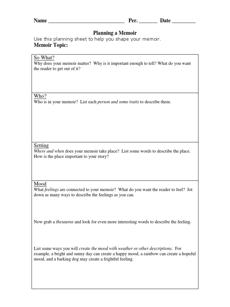 Memoir Planning Sheet Template | PDF