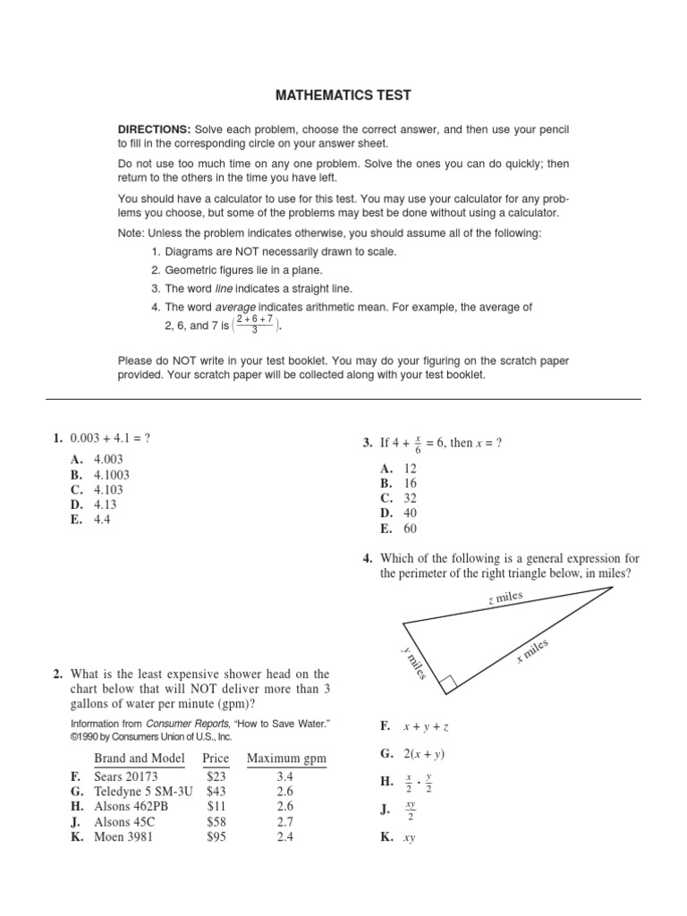 Mathematics Test: DIRECTIONS: Solve Each Problem, Choose The Correct ...