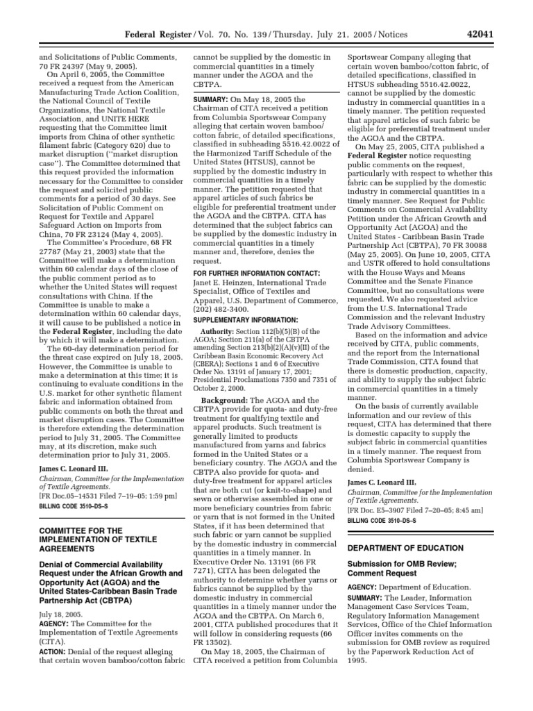 Notice: Textile and Apparel Categories: Woven Bamboo/cotton Fabric ...