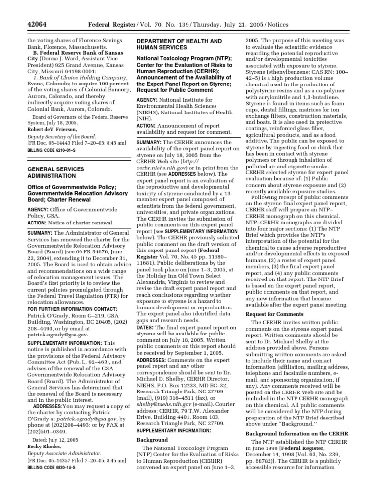 Notice: Reports and Guidance Documents Availability, Etc.: Styrene ...