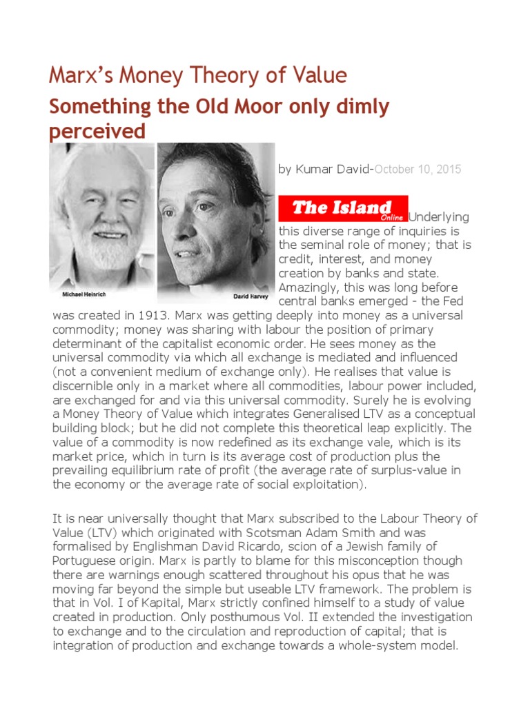 Marx's Money Theory of Value Something The Old Moor Only Dimly ...