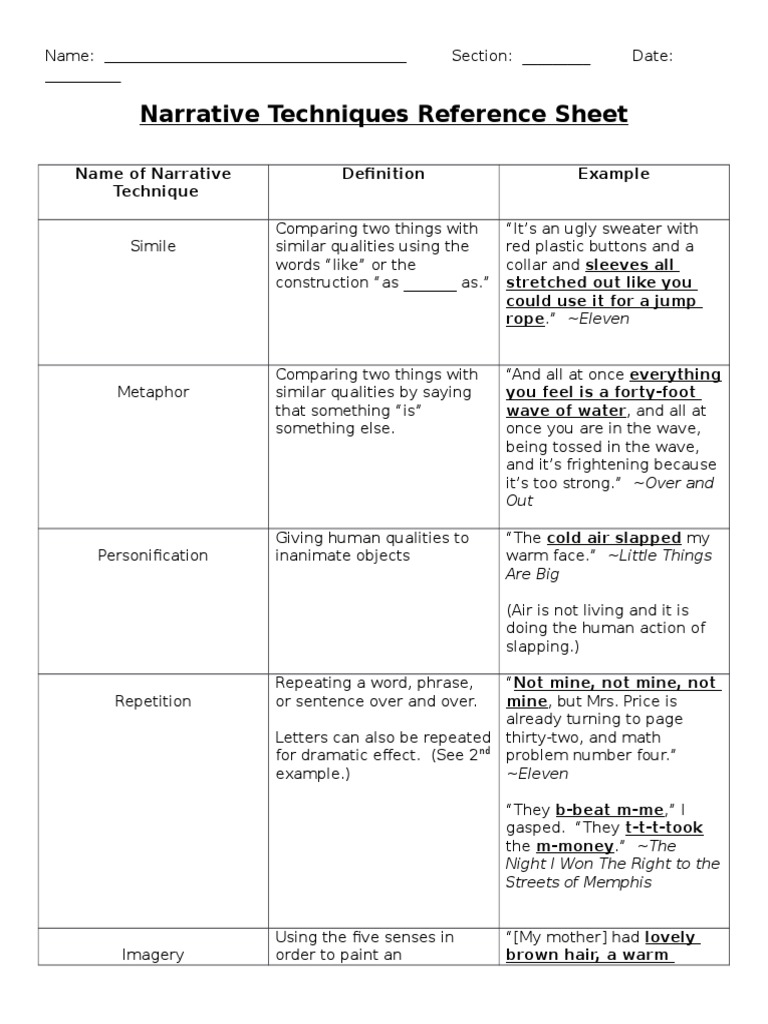 Narrative Techniques Chart 1 | PDF