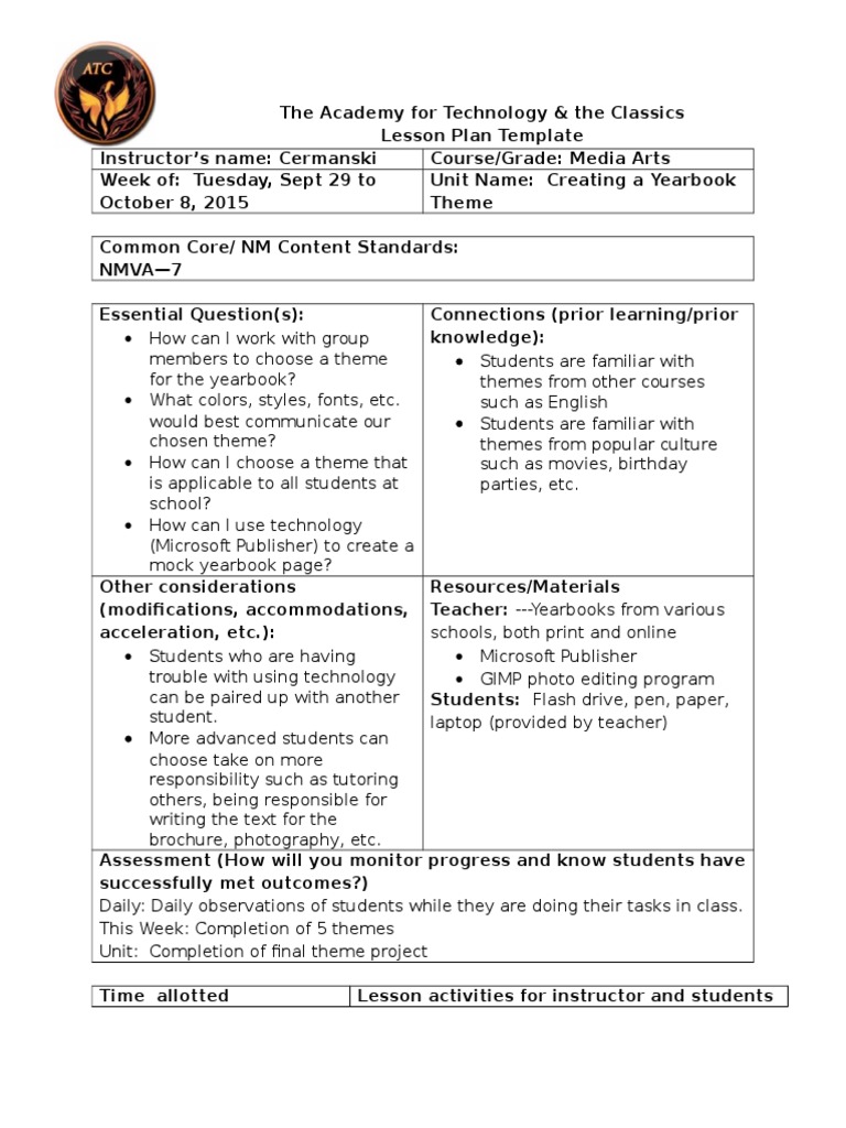 Yearbook Theme Creation Lesson Plan | PDF | Educational Assessment ...
