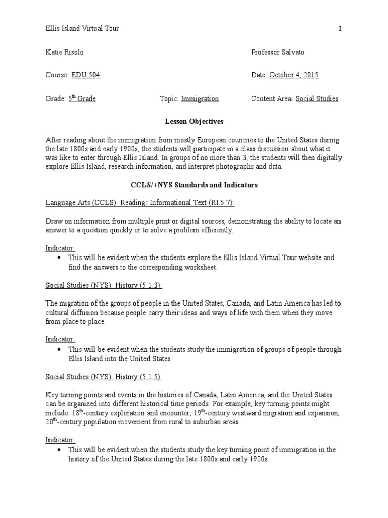 Ellis Island Virtual Tour Lesson Plan | PDF | Learning | Teaching