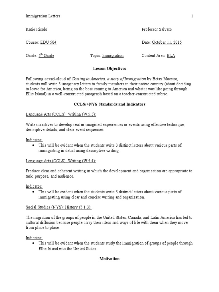 Immigration Letters Lesson Plan | PDF | Immigration | Teachers