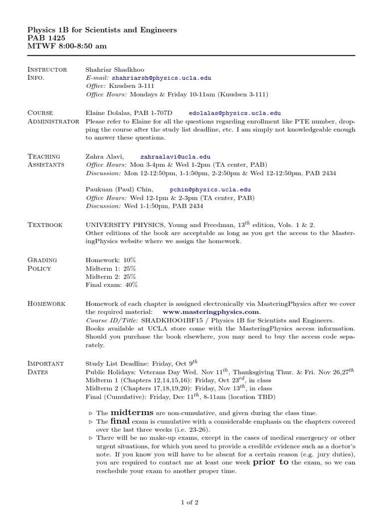Physics 1B Course Details at UCLA | PDF