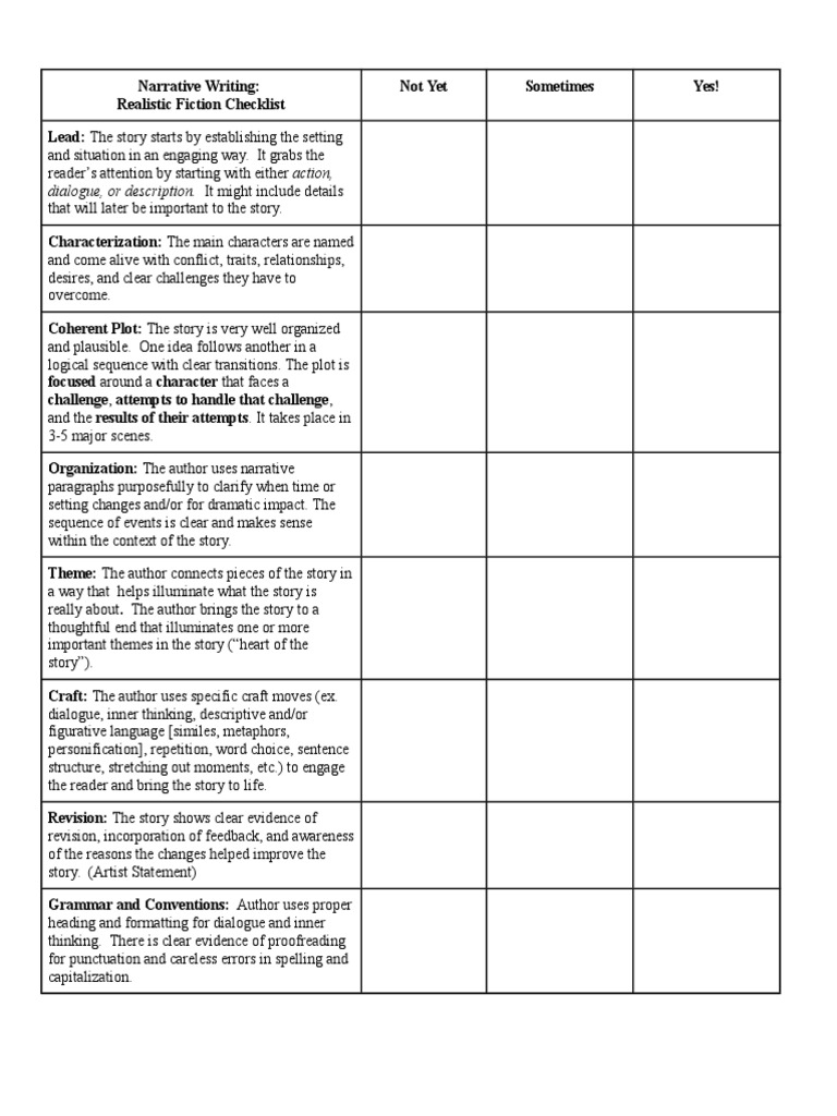 Realistic Fiction Writing Checklist | PDF