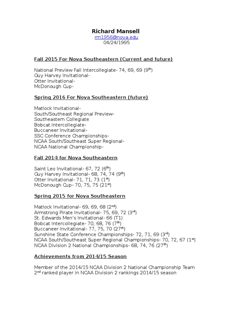 Richard Mansell Golf Resume | PDF | Sports & Recreation | Science ...