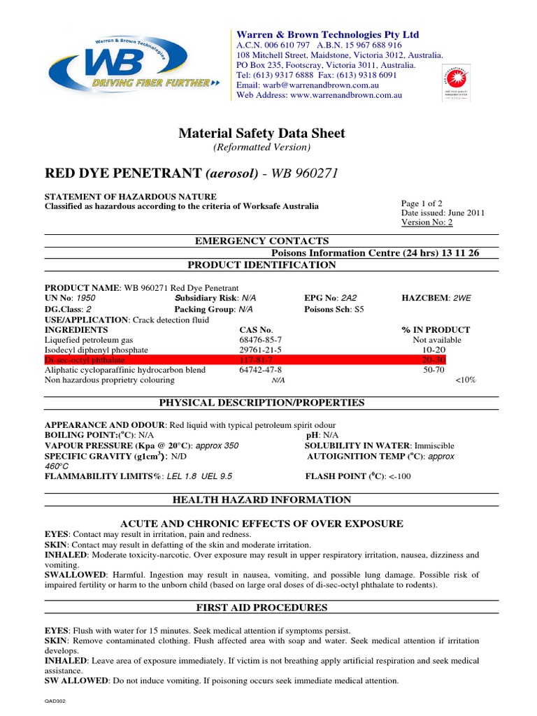 Red Dye Penetrant MSDS - WB 960271 | PDF | Flammability | Chemistry