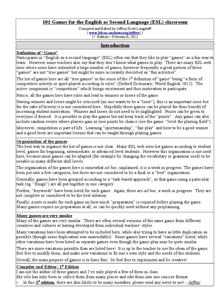 101 Games For The ESL Classroom - Longstaff | PDF | English As A Second ...