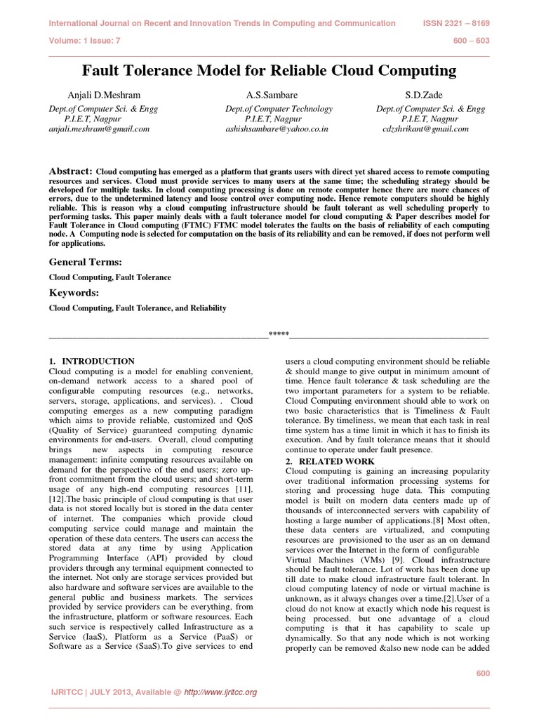 Fault Tolerance Model For Reliable Cloud Computing | PDF | Cloud Computing | Reliability Engineering