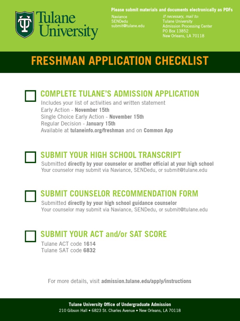 Freshman Application Checklist: Complete Tulane'S Admission Application ...