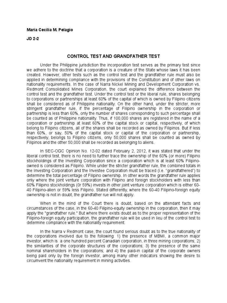 Control Test V Grandfather Test | PDF | Corporations | Joint Venture