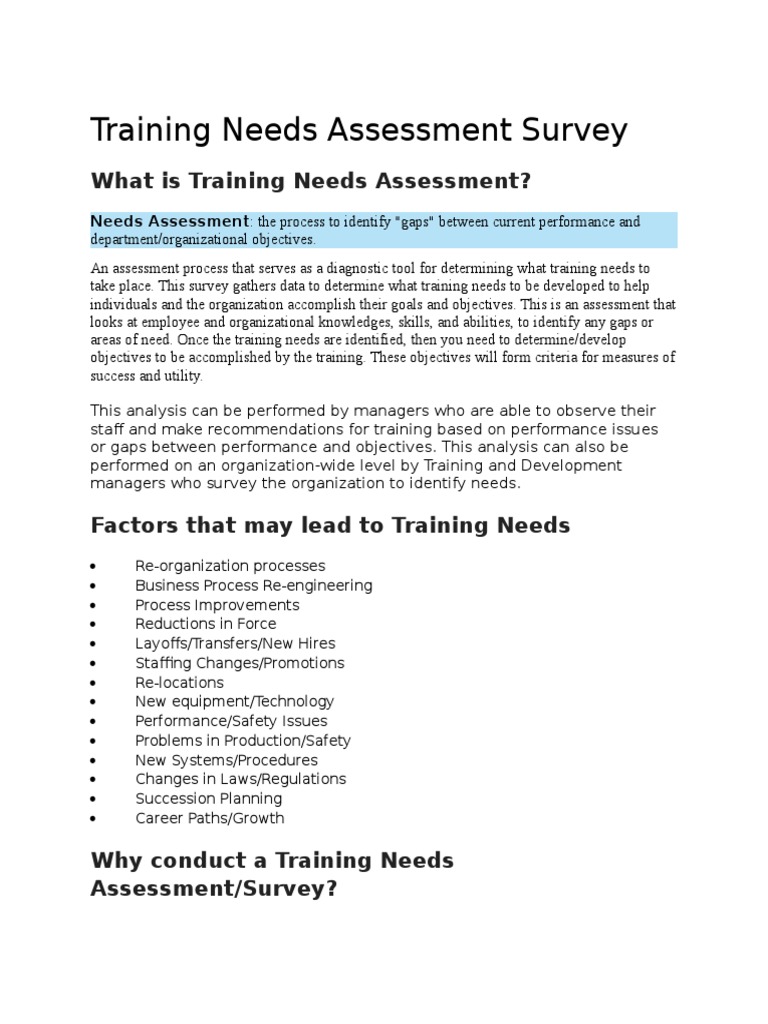 Training Needs Assessment Survey | PDF | Needs Assessment | Survey ...