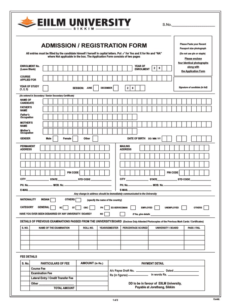 Admission / Registration Form: Sikkim | PDF | Fee | Government Information