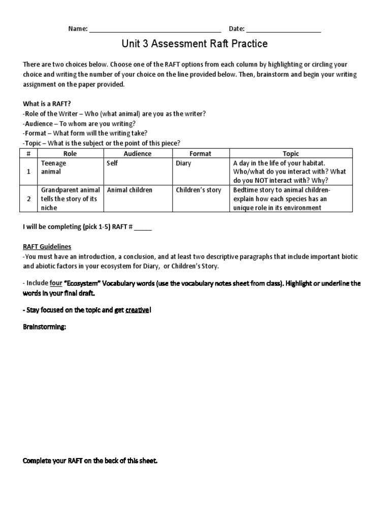RAFT Writing Assessment Guide | PDF