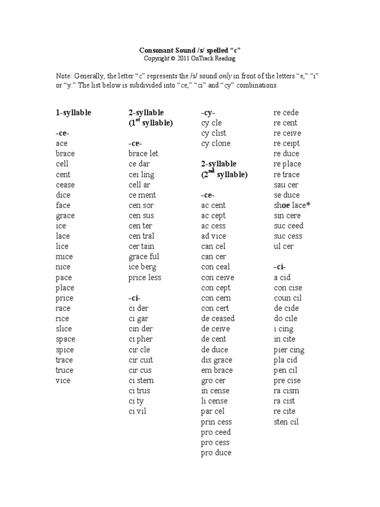 1-Syllable - Ce-2-Syllable (1 Syllable) - Ce - Cy | PDF | Foreign ...