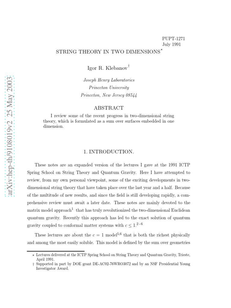 String Theory in Two Dimensions | PDF | String Theory | Matrix (Mathematics)