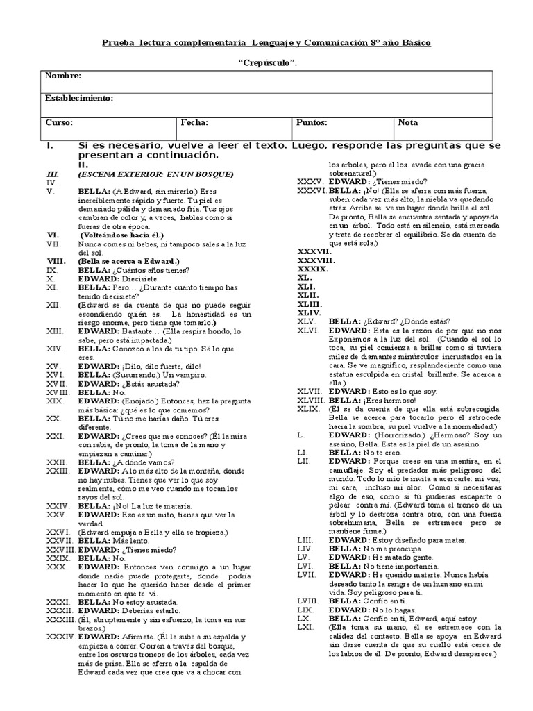 Prueba Lectura Complementaria Lenguaje y Comunicación 8° Abril Crepúsculo | PDF | Lectura ...