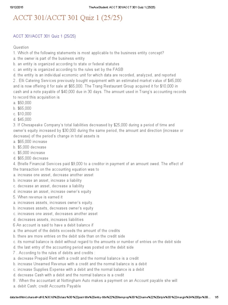 Acct 301 Acct 301 Quiz 1 25 25 Pdf Debits And Credits Expense