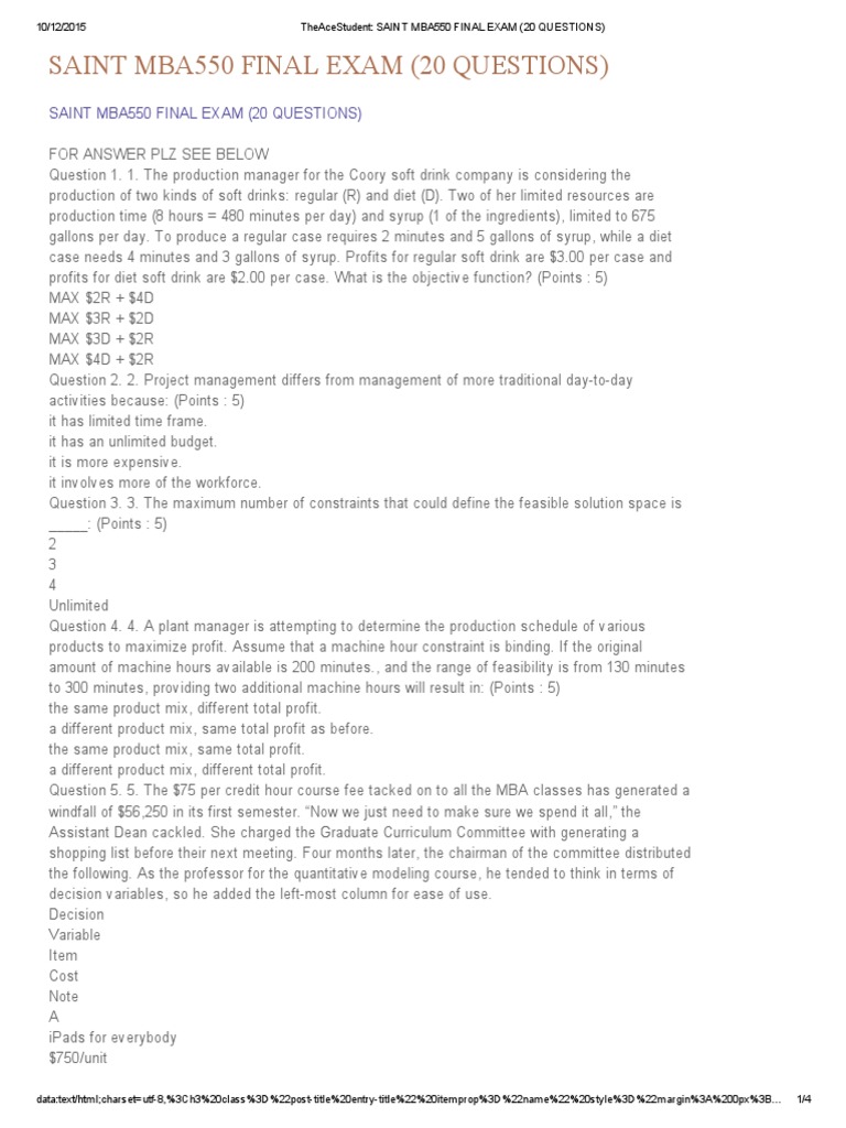 Saint Mba550 Final Exam (20 Questions) | Download Free PDF | Linear Programming | Mathematical ...