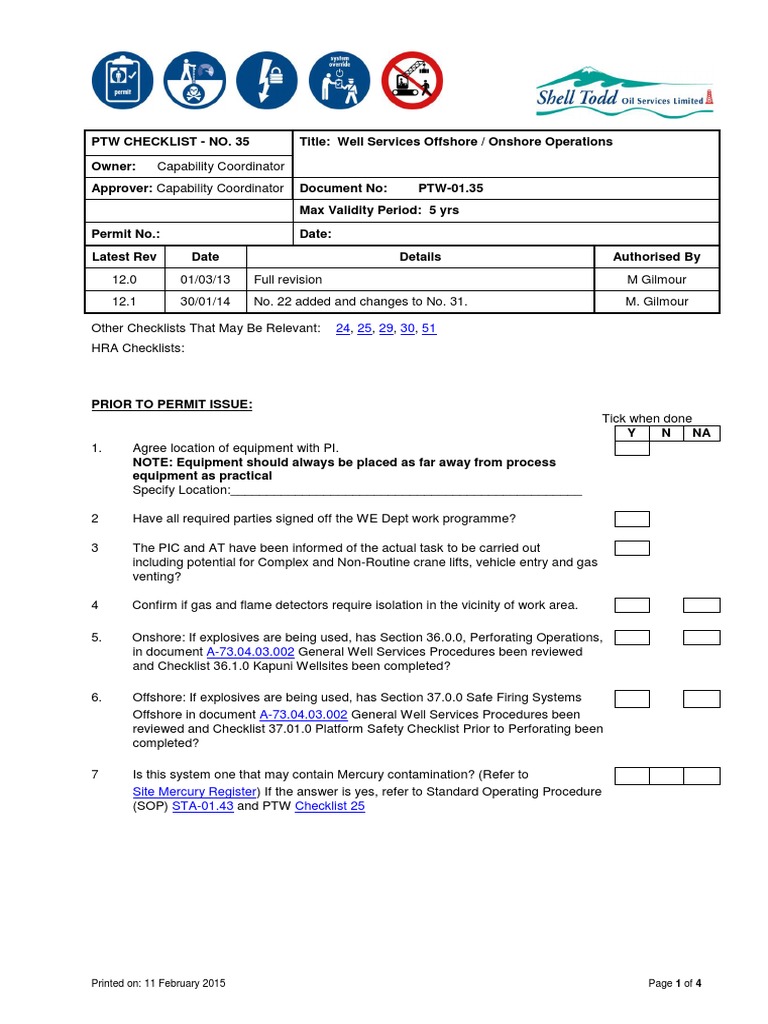 PTW-Hot Work 2-Checklist 35 - Well Entry Operations | Valve | Gases