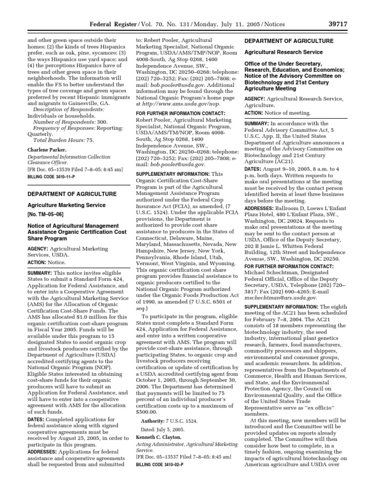 Notice: Grants and Cooperative Agreements Availability, Etc.: Organic ...