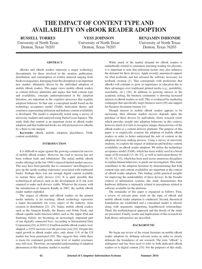 THE IMPACT OF CONTENT TYPE AND AVAILABILITY ON eBOOK READER ADOPTION ...