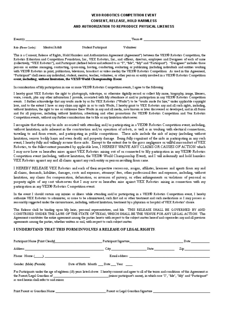 Vex VRC Participant Release Form | PDF | Indemnity | Legal Guardian