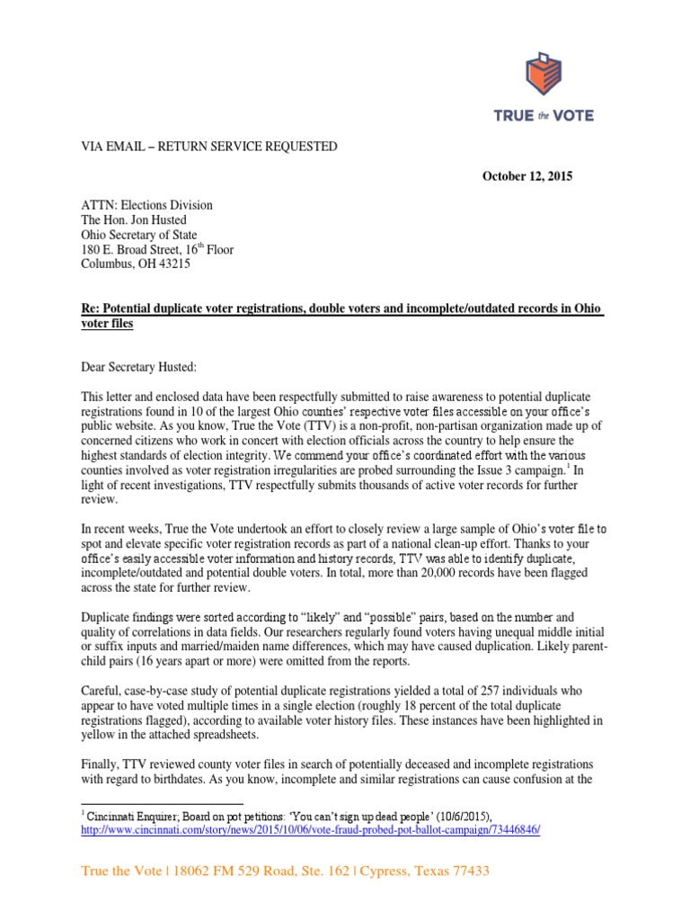 2015.10.12 Oh SoS Letter | PDF | True The Vote | Public Sphere